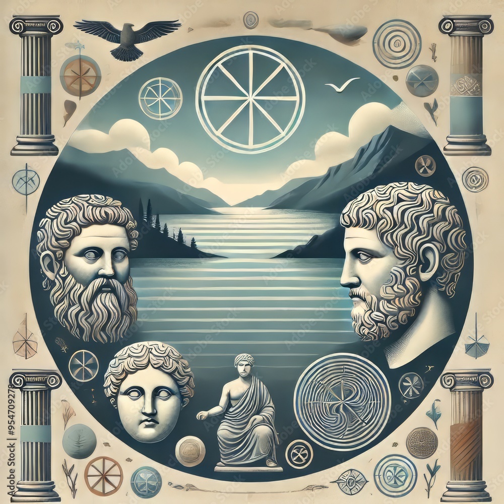 A stylized depiction of ancient Greek philosophers with classical busts ...