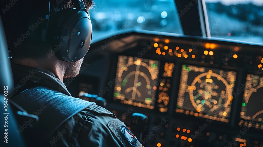 Photograph of a pilot in a cockpit using advanced IoT integrated ...