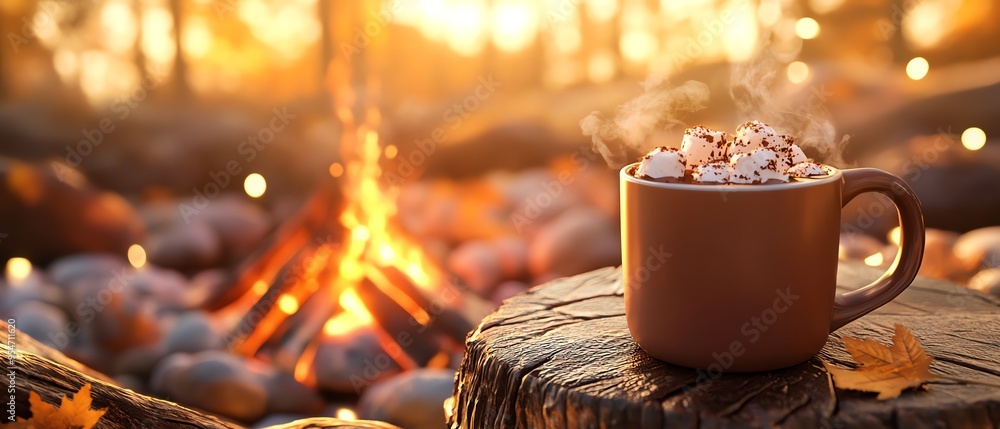 Cozy autumn campfire scene with a warm mug of hot cocoa, marshmallows ...
