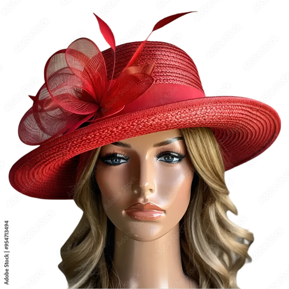 Women's red fedora hat fascinator on a mannequin head display with ...