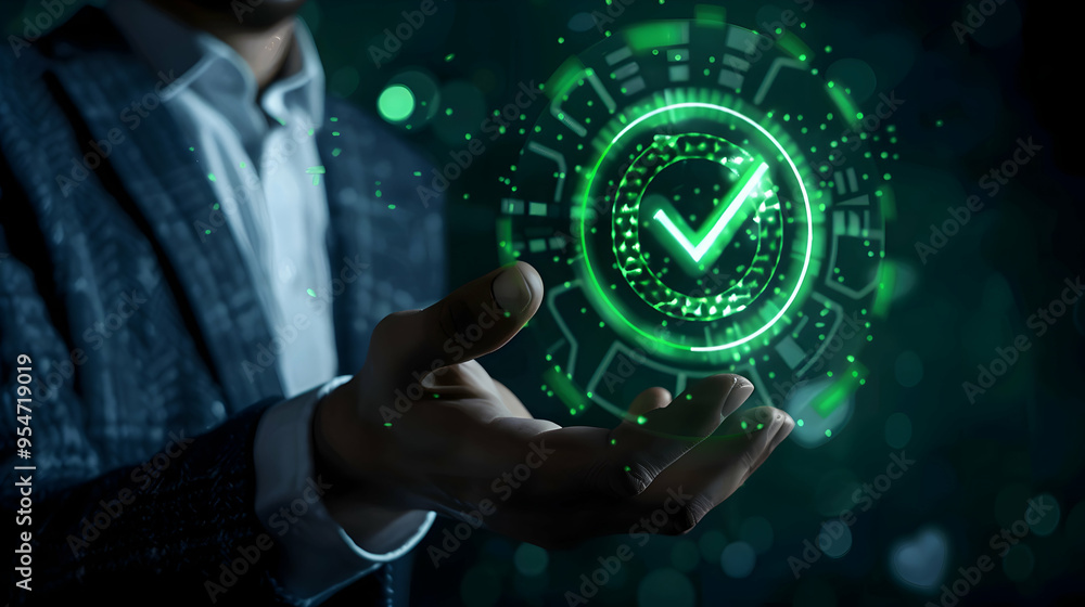 Green check mark for compliance, certification or audit concept with a ...