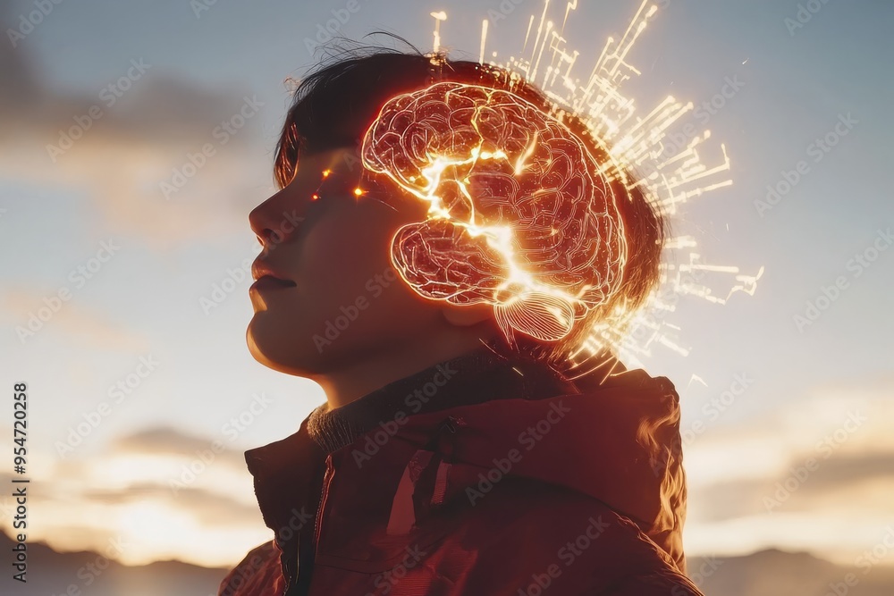 Hormonal influences Thought Boy with fiery brain illustrating the ...