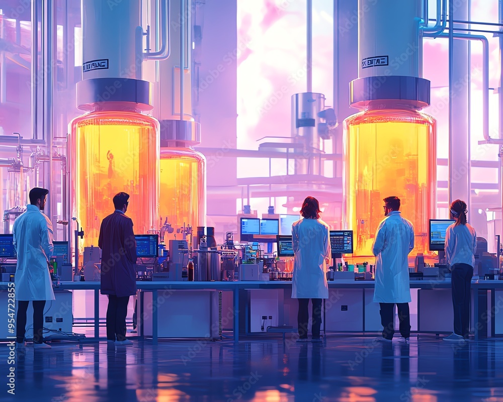 Craft a detailed scene of a modern lab where scientists celebrate a ...