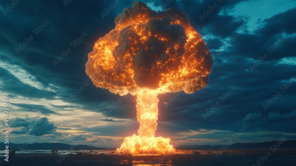 Another perspective of a massive explosion generating a fiery mushroom ...