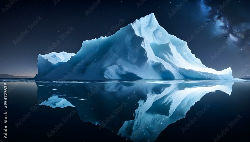 A massive iceberg floating in a dark, starry night sky, with its ...