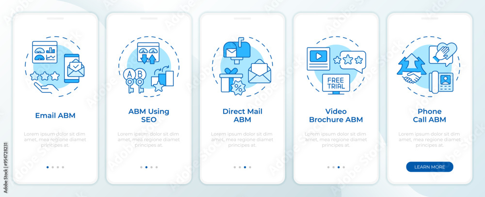 Methods of abm blue onboarding mobile app screen. Walkthrough 5 steps ...