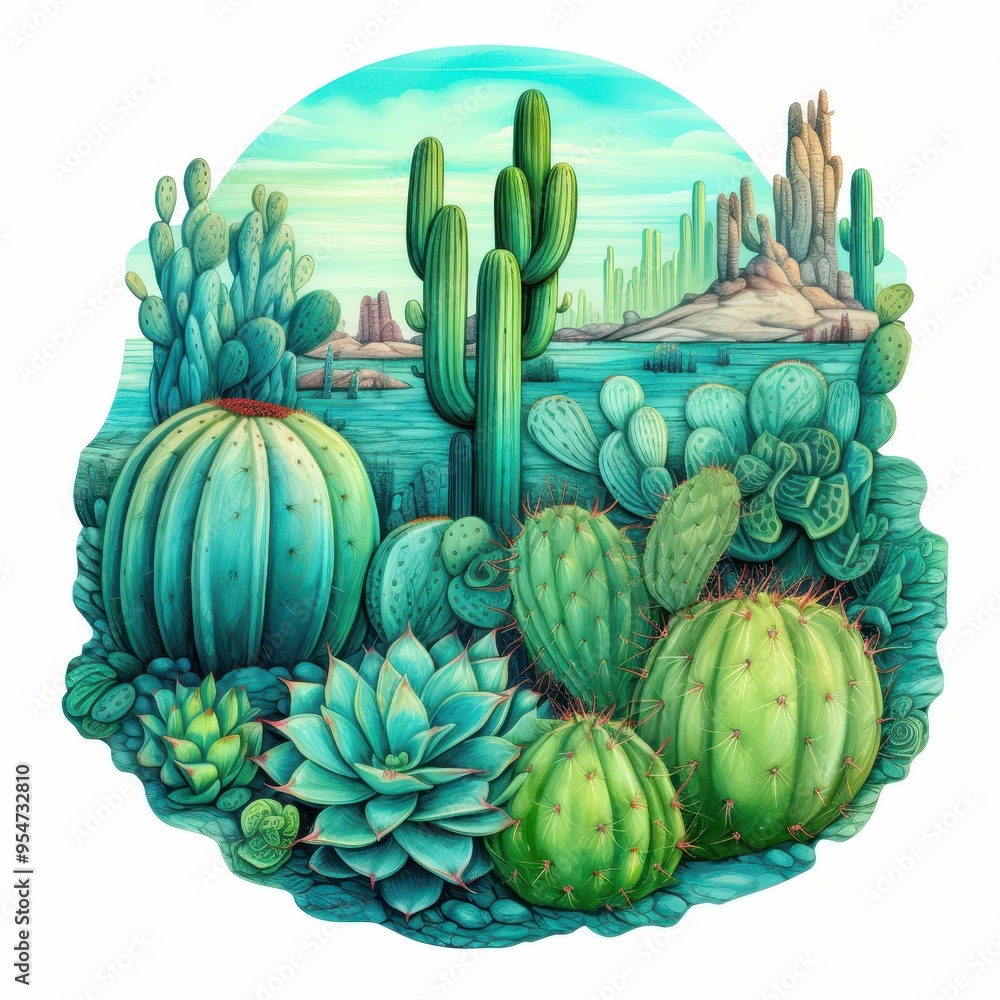 Cactus circle t-shirt design featuring detailed botanical illustrations ...