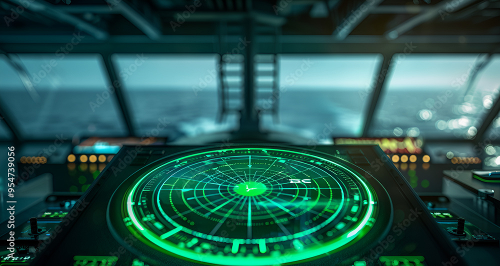 Green Radar Display on Contemporary Vessel Bridge, Radar display, green ...