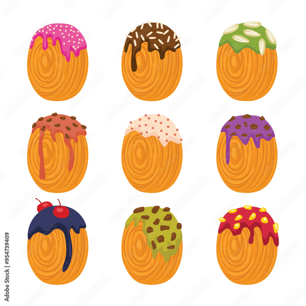 Set of cromboloni cake collection with various topping, melted filling ...