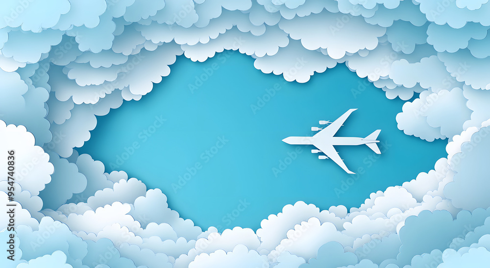 Top view paper cut plane in sky clouds. 3d vector stylized background ...