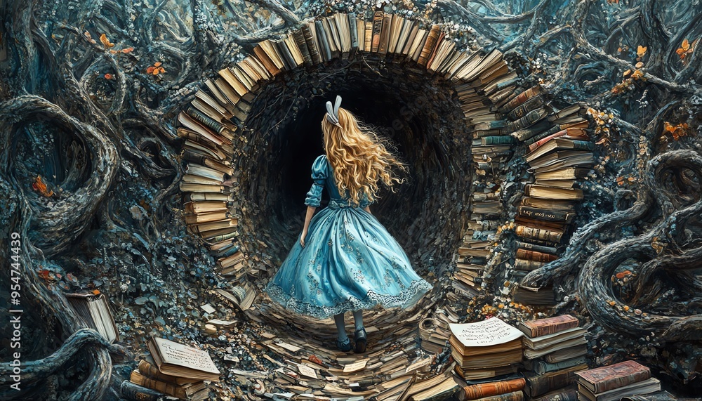 Design a detailed image of Alice from Wonderland following a white ...