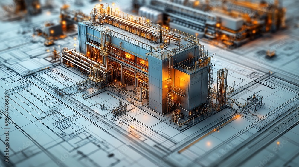 Blueprint of advanced manufacturing plant with machine layouts and ...