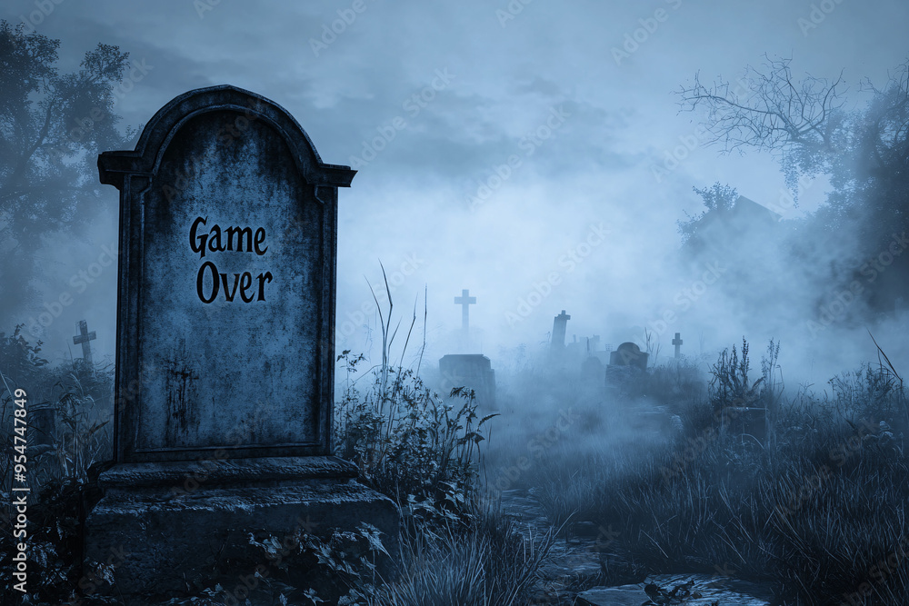 A dark gravestone with the words "Game Over" is placed in a foggy ...