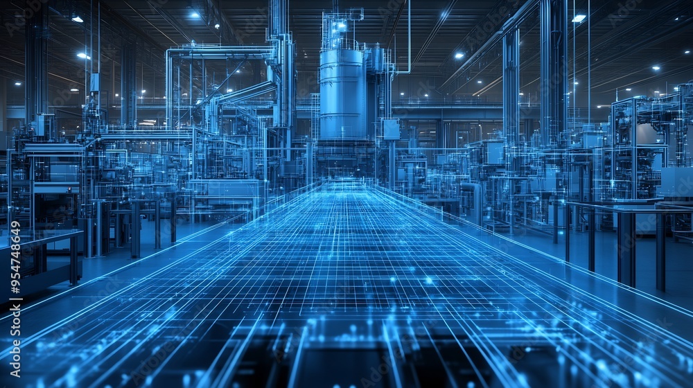 Blueprint of advanced manufacturing plant with machine layouts and ...
