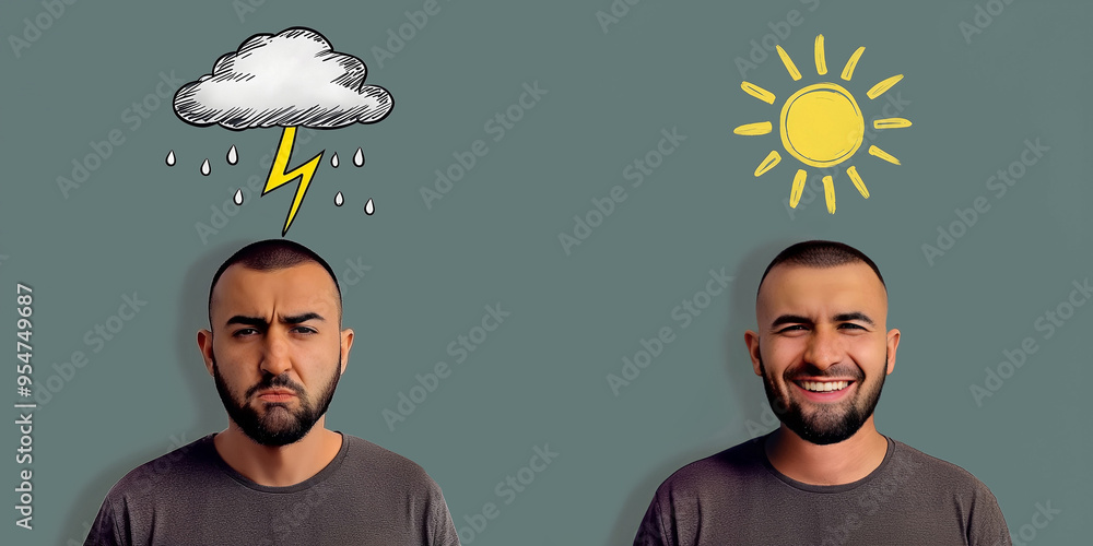 Mood weather forecast fun illustration, Arab man with angry, upset ...
