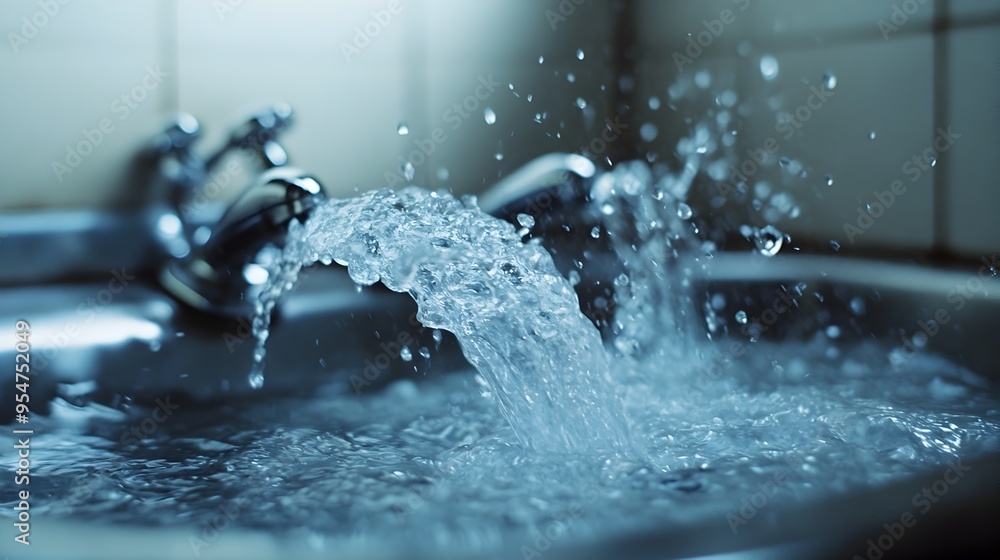 Closeup view of water gushing forcefully from a metal faucet in a ...
