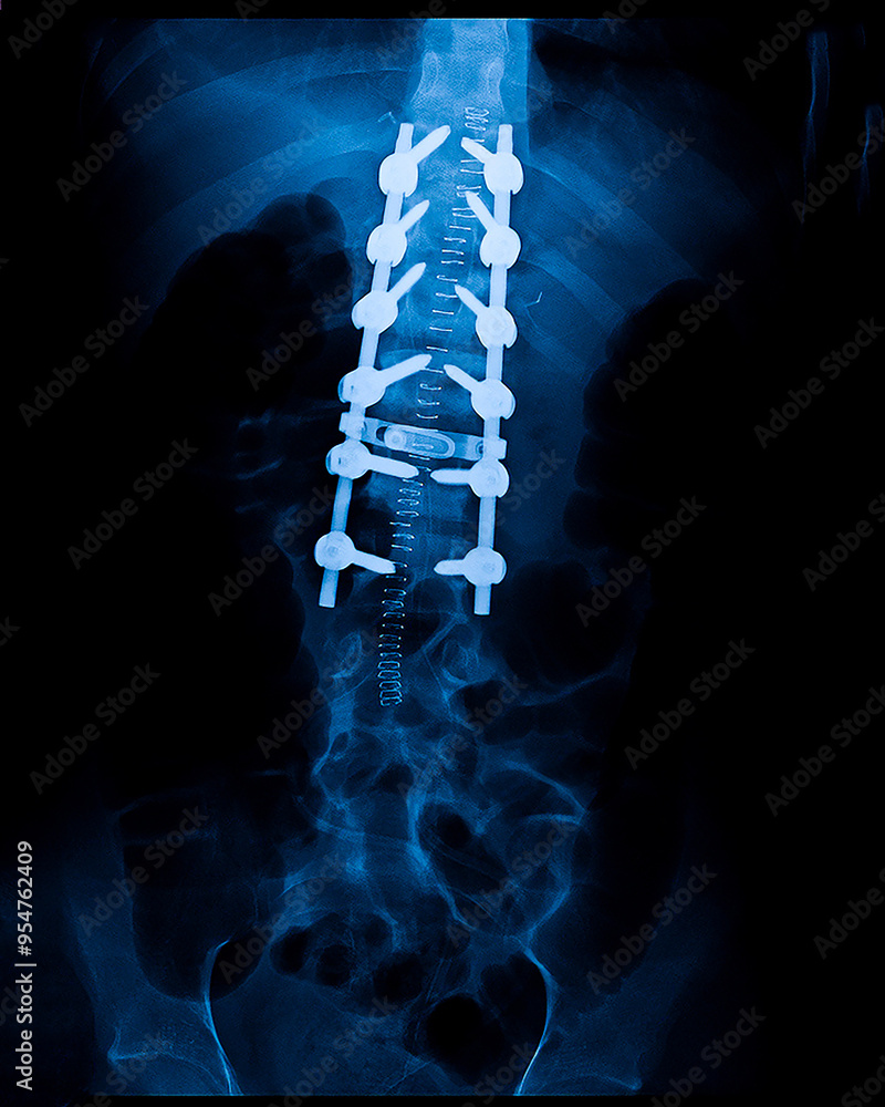 X ray of the human spine fracture. Lumbar spine radiograph using steel ...