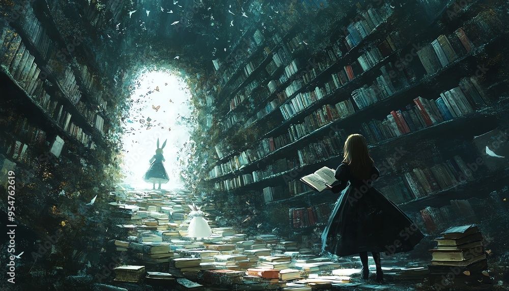 Generate an enchanting image of Alice from Wonderland and a white ...