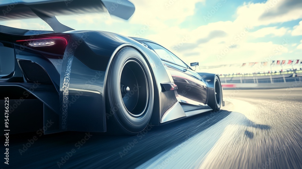 Depict a high-performance sports car on a racetrack, with close-up ...