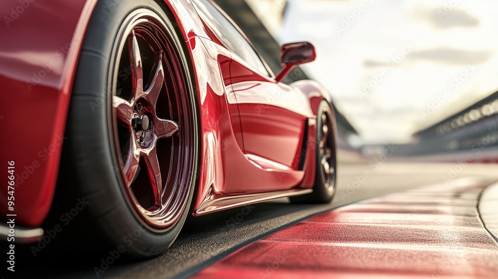 Depict a high-performance sports car on a racetrack, with close-up ...