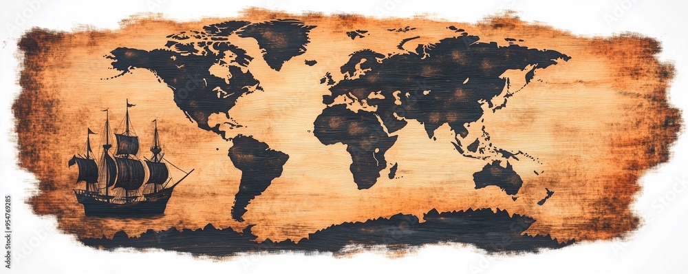 Aged World Map with Artistic Flourishes and Depictions of Early ...