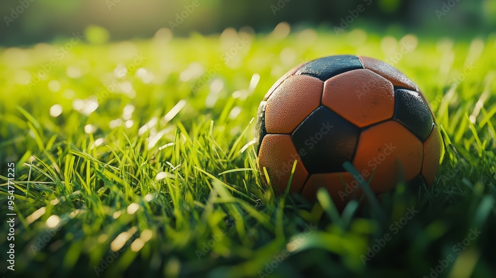 Design a close-up of a football lying on the field, with blades of ...