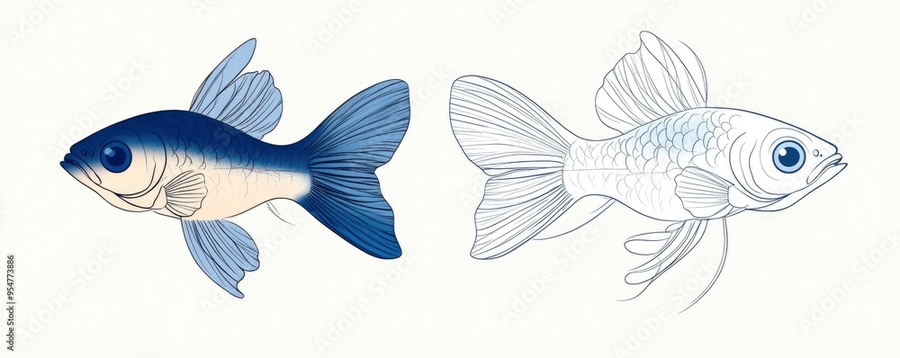 Two fish are shown side by side, one is blue and the other is black ...