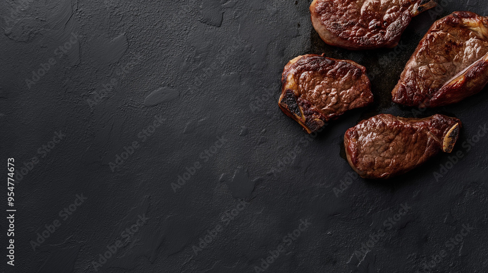 Top view of juicy grilled steaks with a rustic look on a dark slate ...