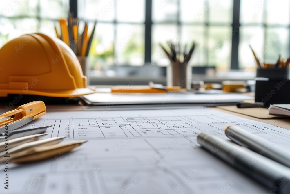 Architect s desk with a close-up of construction tools and a detailed ...