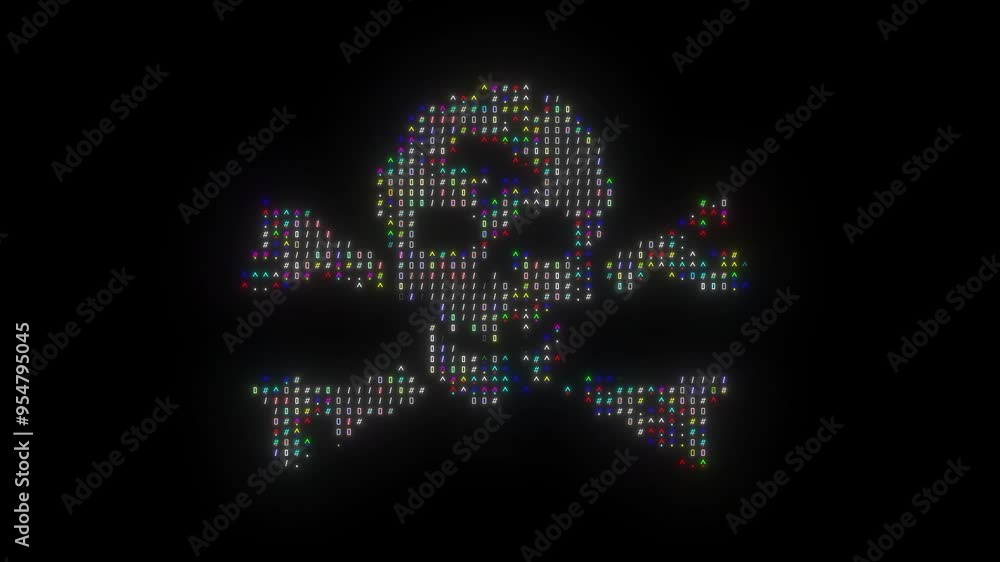 SKULL made from symbols with technology glitch effect. Looped hacking animation, cybercrime ...