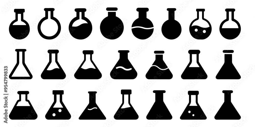 vector set of icons depicting flasks with liquid, potions, alchemical ...