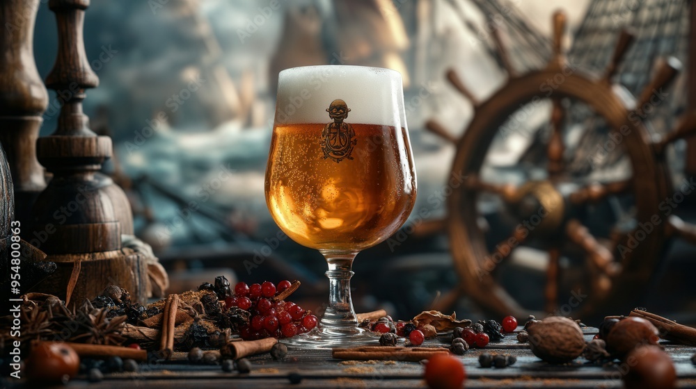Beer Glass with Foam, Berries, and Spices in Front of Pirate Ship Helm ...