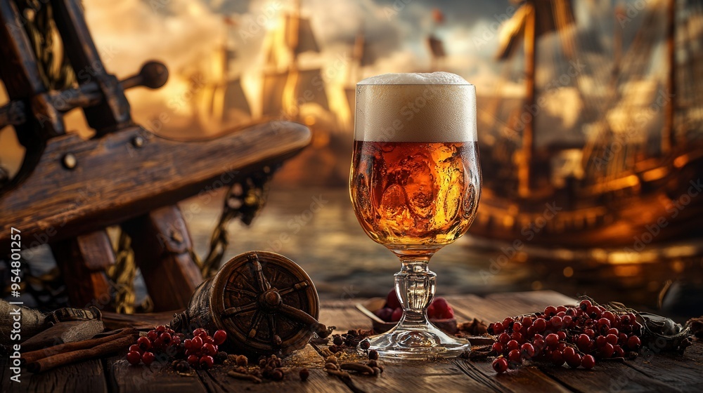 Beer Glass with Foam, Berries, and Spices in Front of Pirate Ship Helm ...