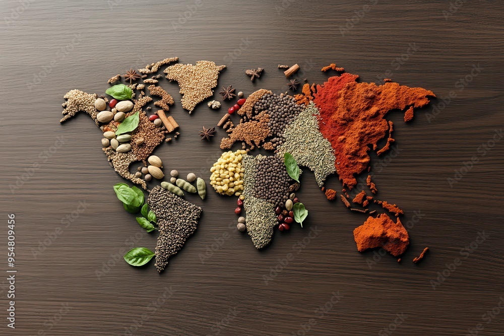 World Map of Spices: A creative flat lay of various spices arranged on ...
