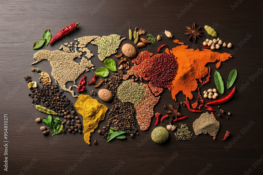World Map of Spices: A creative flat lay of various spices arranged on ...