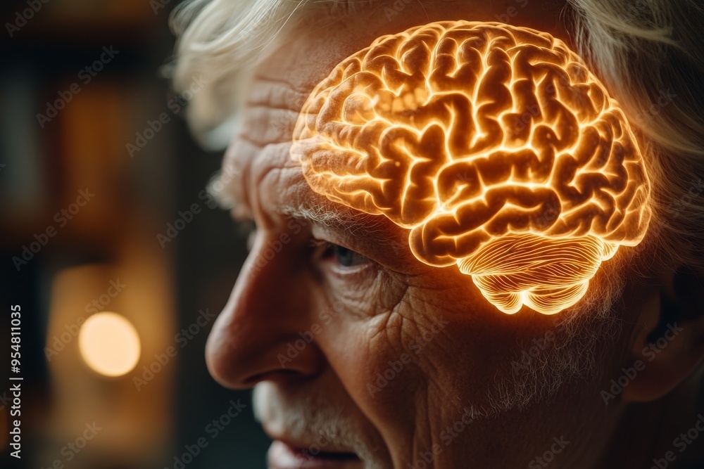 Anxiety disorder Thought processes Elderly man with a glowing brain ...