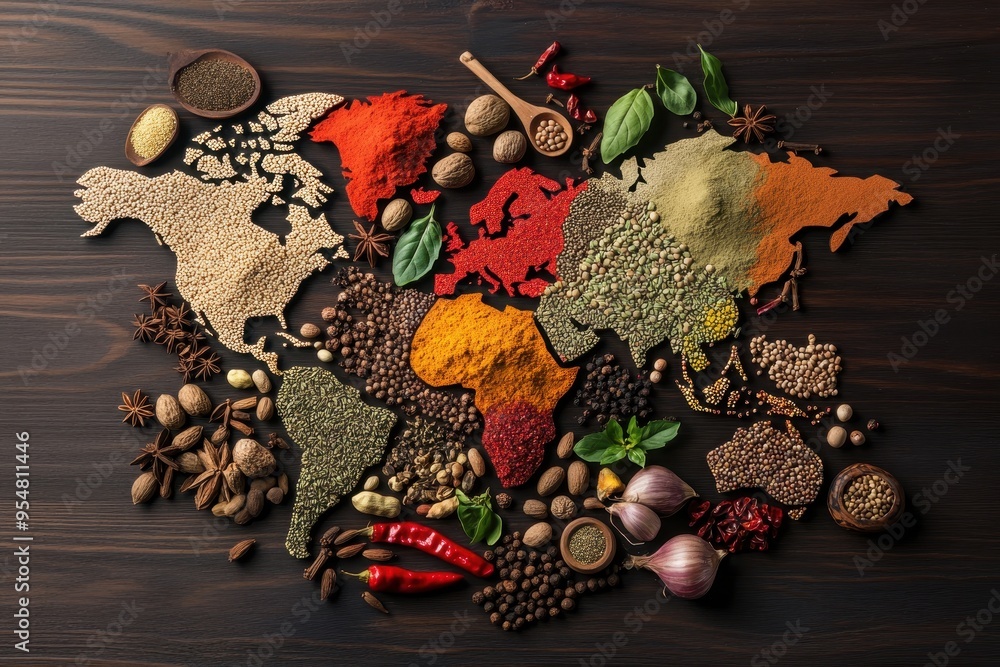 World Map of Spices: A creative flat lay of various spices arranged on ...