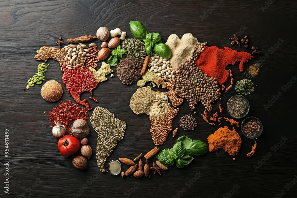 World Map of Spices: A creative flat lay of various spices arranged on ...