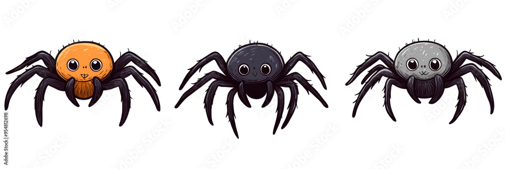 Cute Halloween spider clipart in doodle style featuring three adorable ...