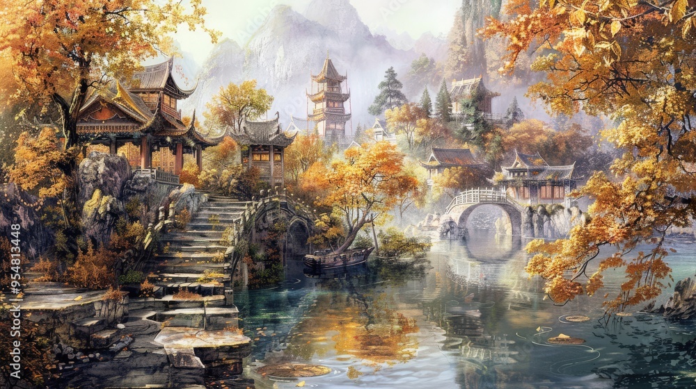 Chinese Architecture in a Fantasy Village: Riverside Oasis with Oak ...