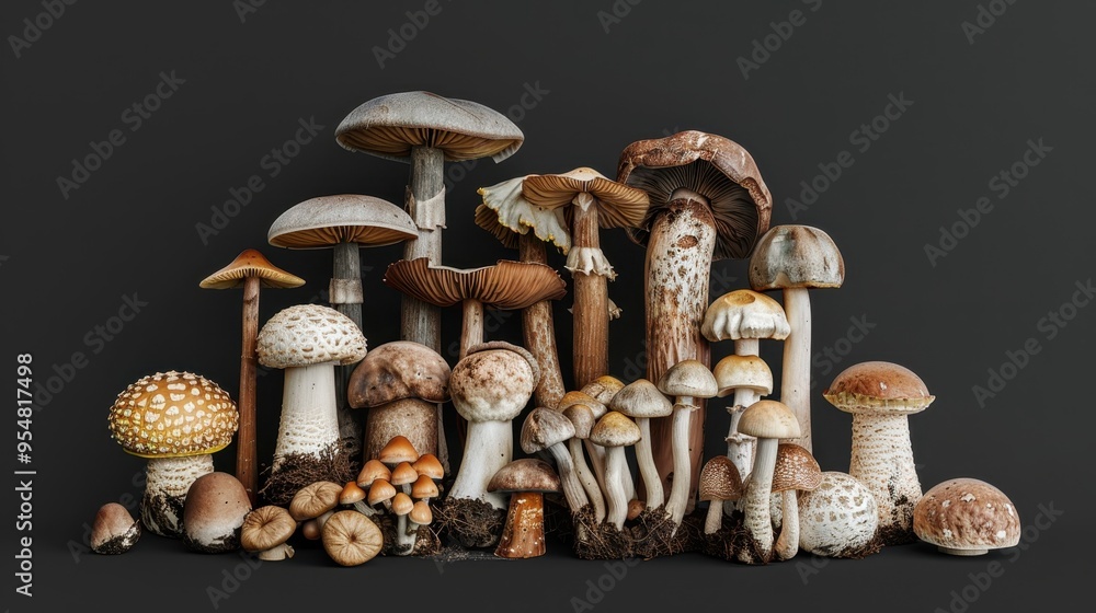 Variety of mushrooms, showcasing different species with unique cap ...