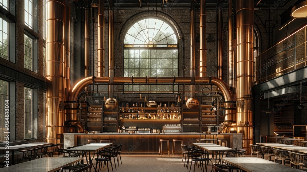 An interior design rendering of an industrial style restaurant in the ...