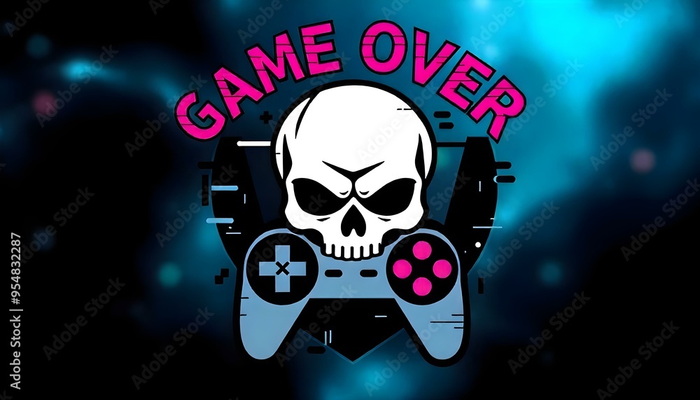 Game Over skull, console and glitches header banner poster wallpaper ...