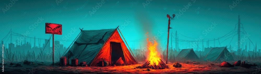 Pixel Art Post-Apocalyptic Shelter: Survivors Gathering Around Fire in ...