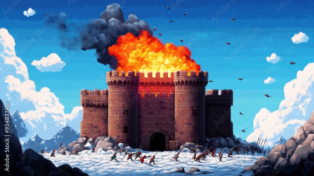 Epic Pixel Art Scene of Medieval Castle Under Siege with Catapults ...