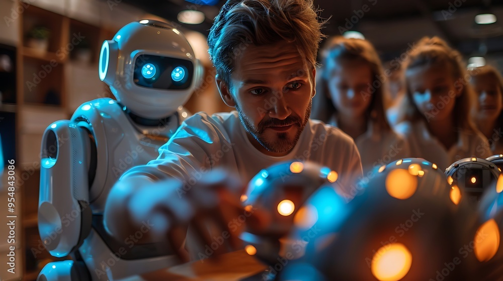 A detailed shot of a teacher guiding students through a lesson using an interactive educational ...