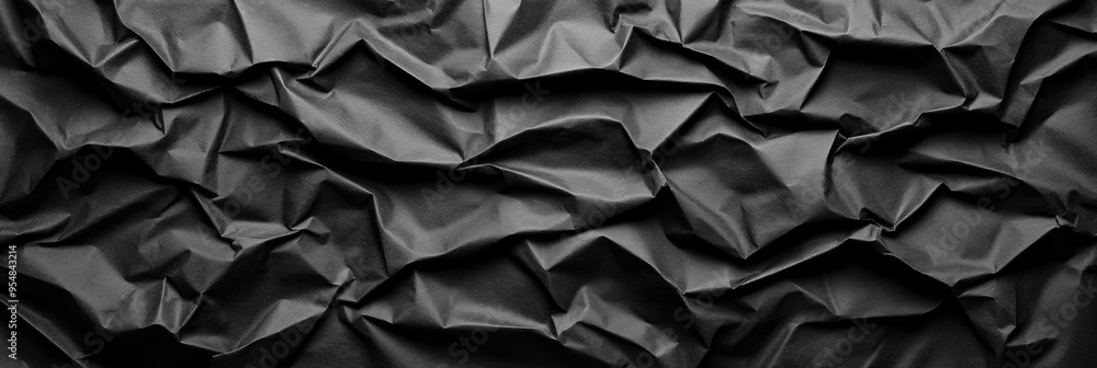 Heavily scrunched black paper background with intense creases and ...