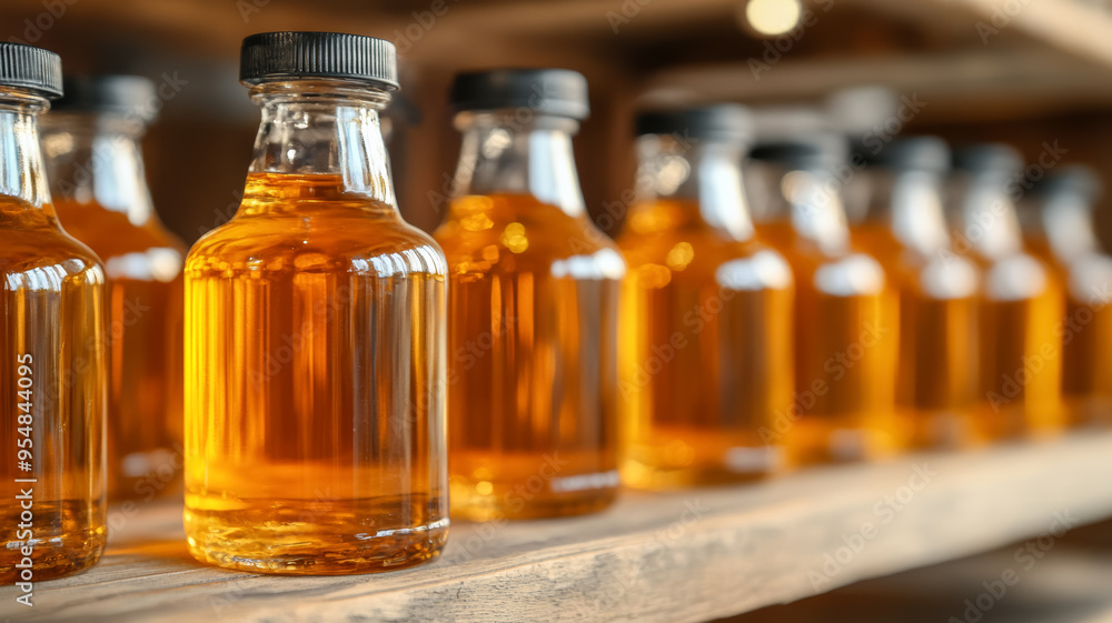 Honey mead bottles with vintage labels on a wooden shelf market stall ...