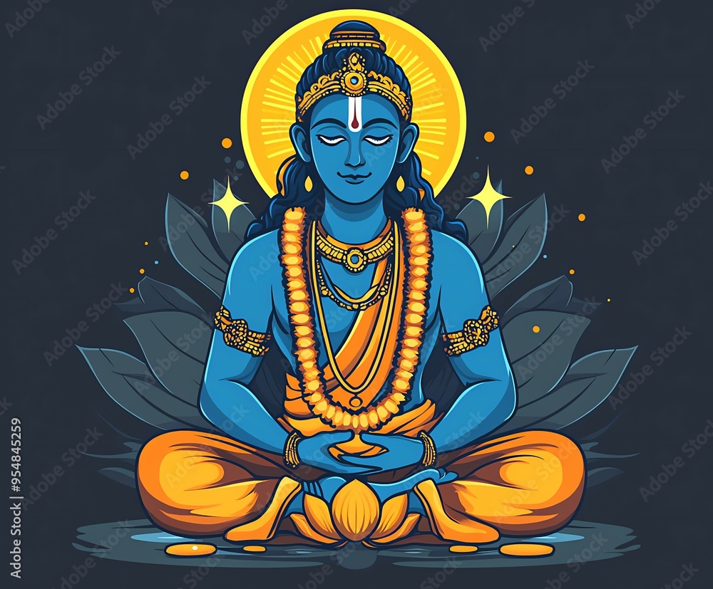 Krishna meditating in a serene and peaceful pose, illustrated in a flat ...