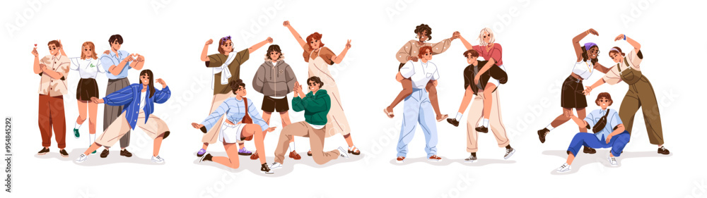 Friendship set. Group of happy friends has fun. Funny team celebrates ...